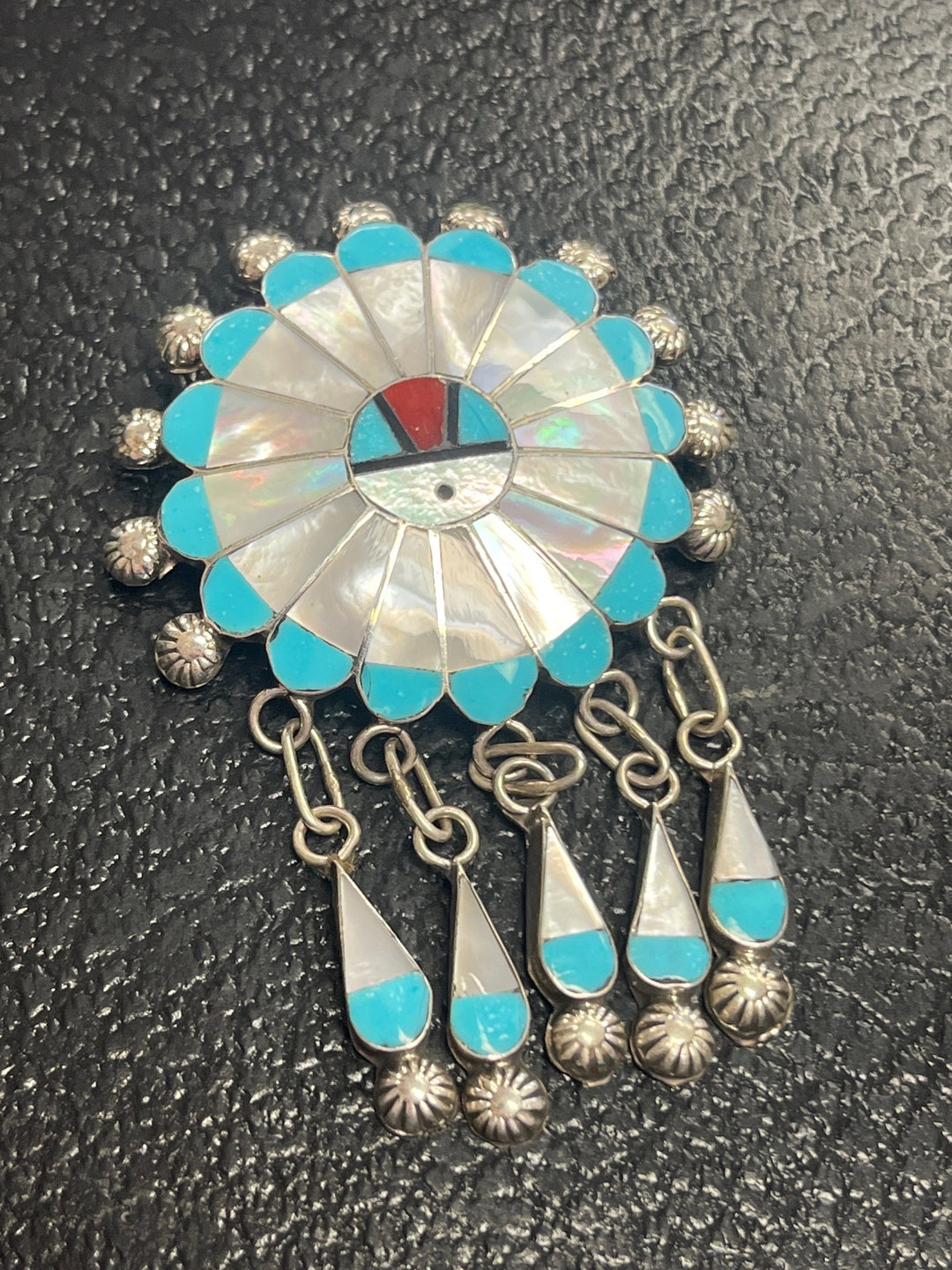 Zuni Handmade Sterling Silver Turquoise Sunface Pendant/pin - Etsy