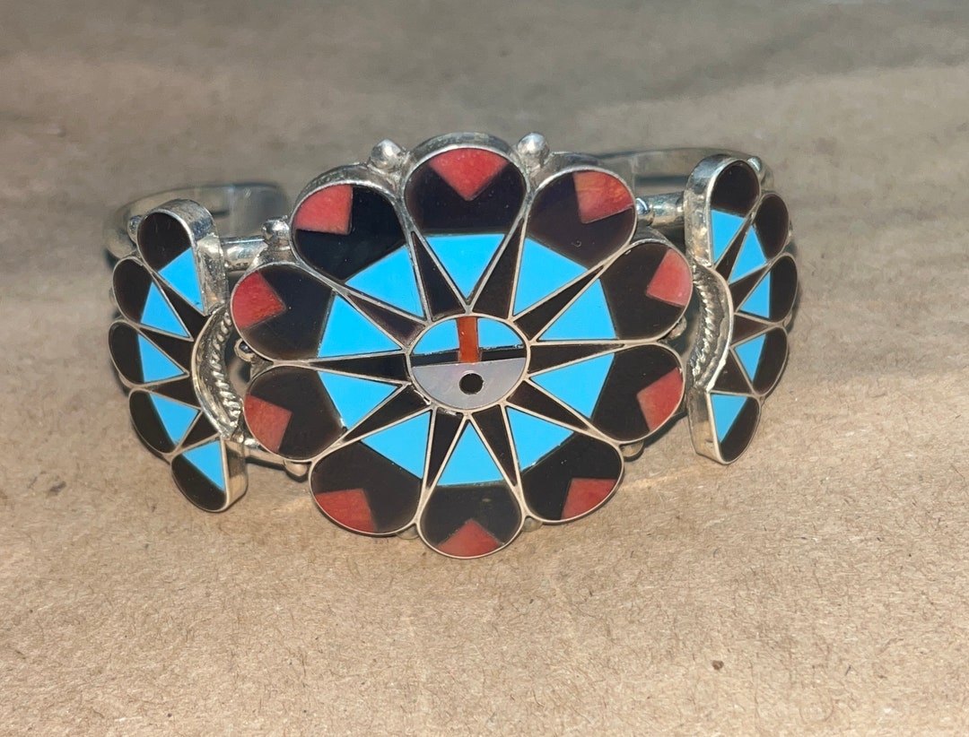Zuni Native American Handmade Sterling Silver Inlay Sun Face Turquoise ...