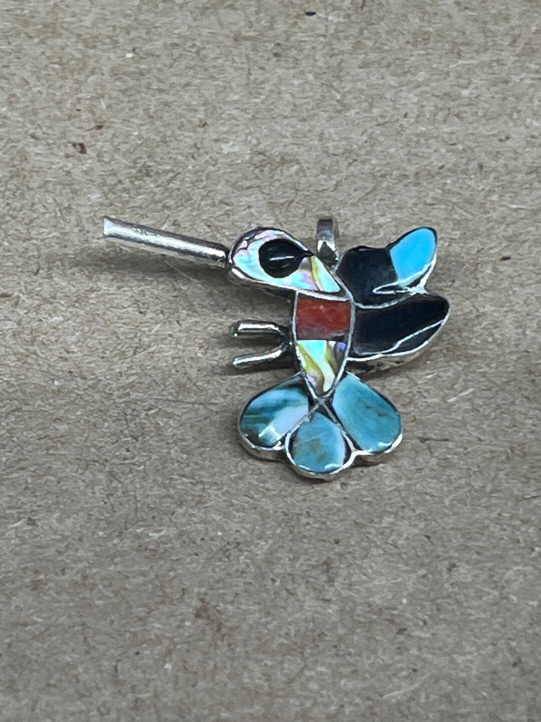 Zuni Handmade Sterling Silver Turquoise Inlay Hummingbird Pendant - Etsy