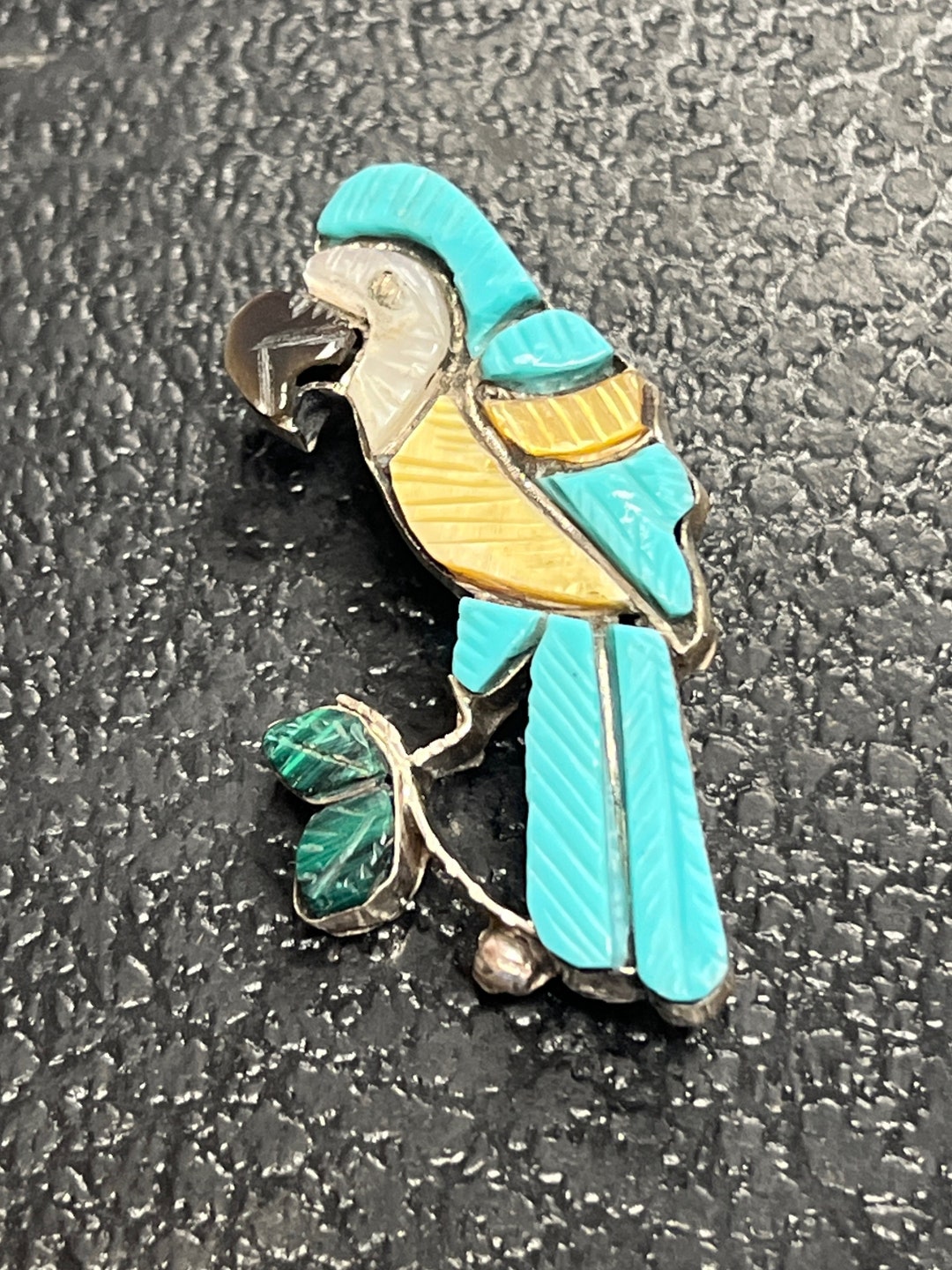 Zuni Handmade Sterling Silver Turquoise Inlay Parrot Inlay Pendant/pin ...