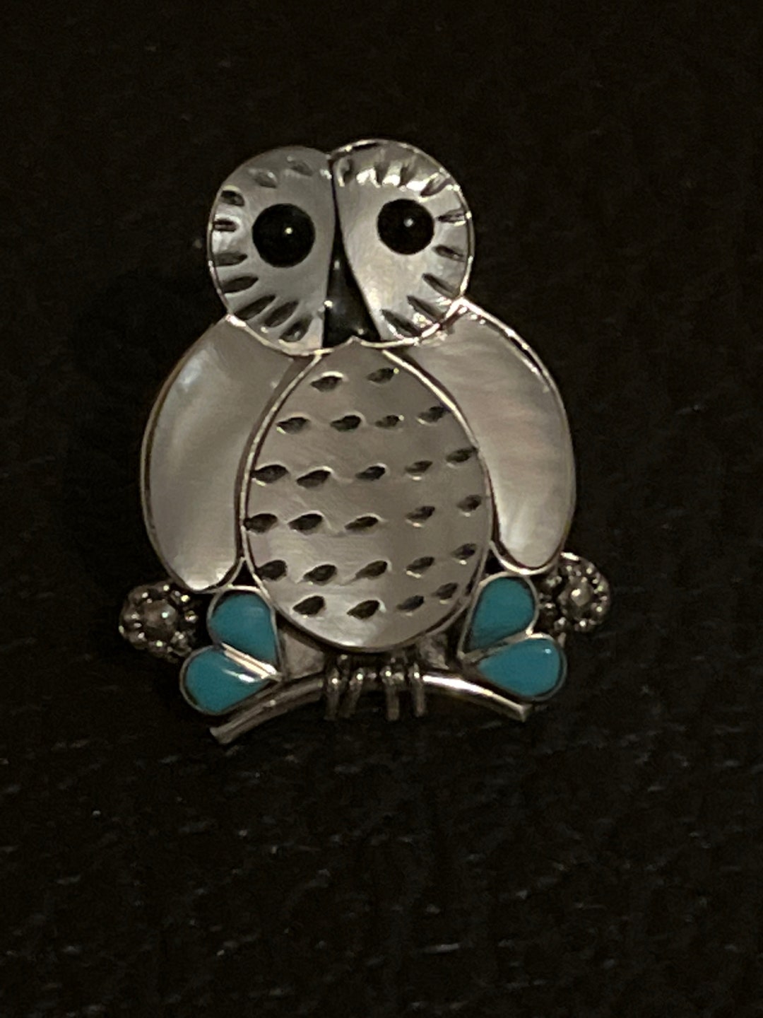 Zuni Handmade Turquoise Owl Inlay Sterling Silver Cluster Ring Size 7.5 ...