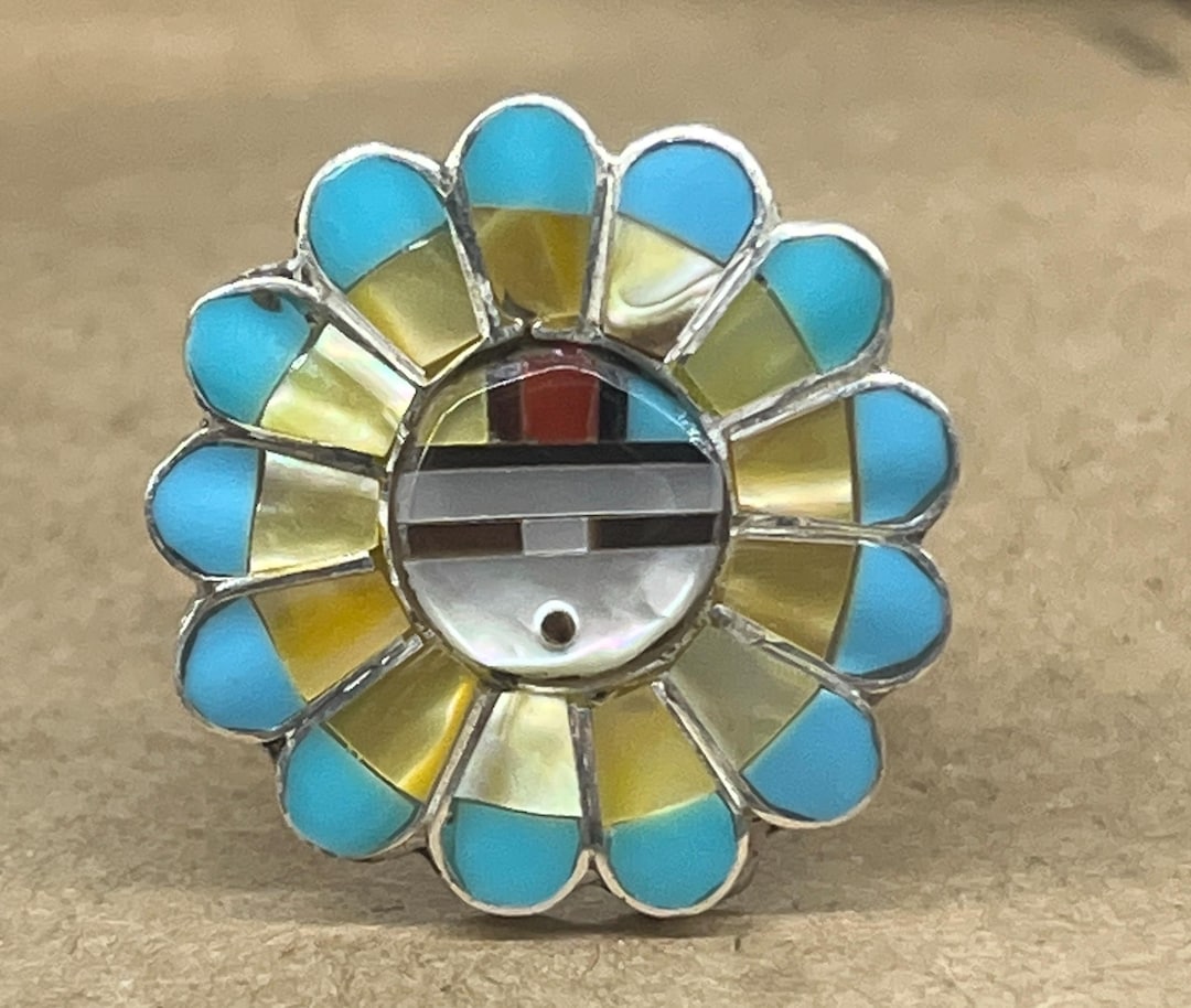 Zuni Native American Handmade Sunface Turquoise Mother of Pearl ...