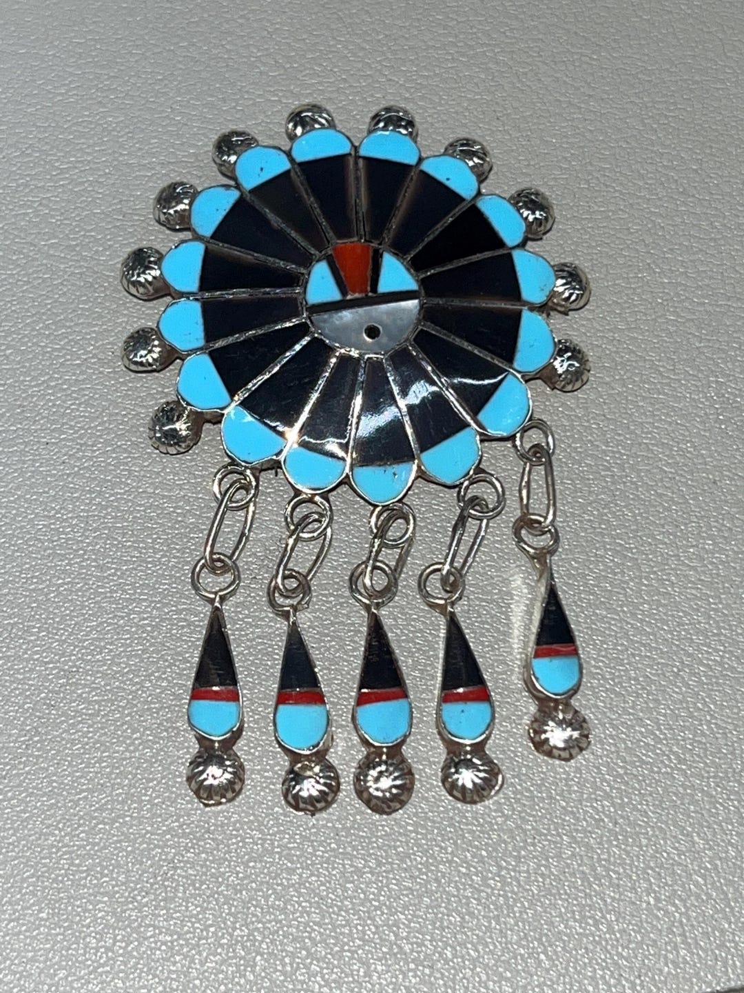 Native American Zuni Handmade Sterling Silver Turquoise Sunface Inlay ...