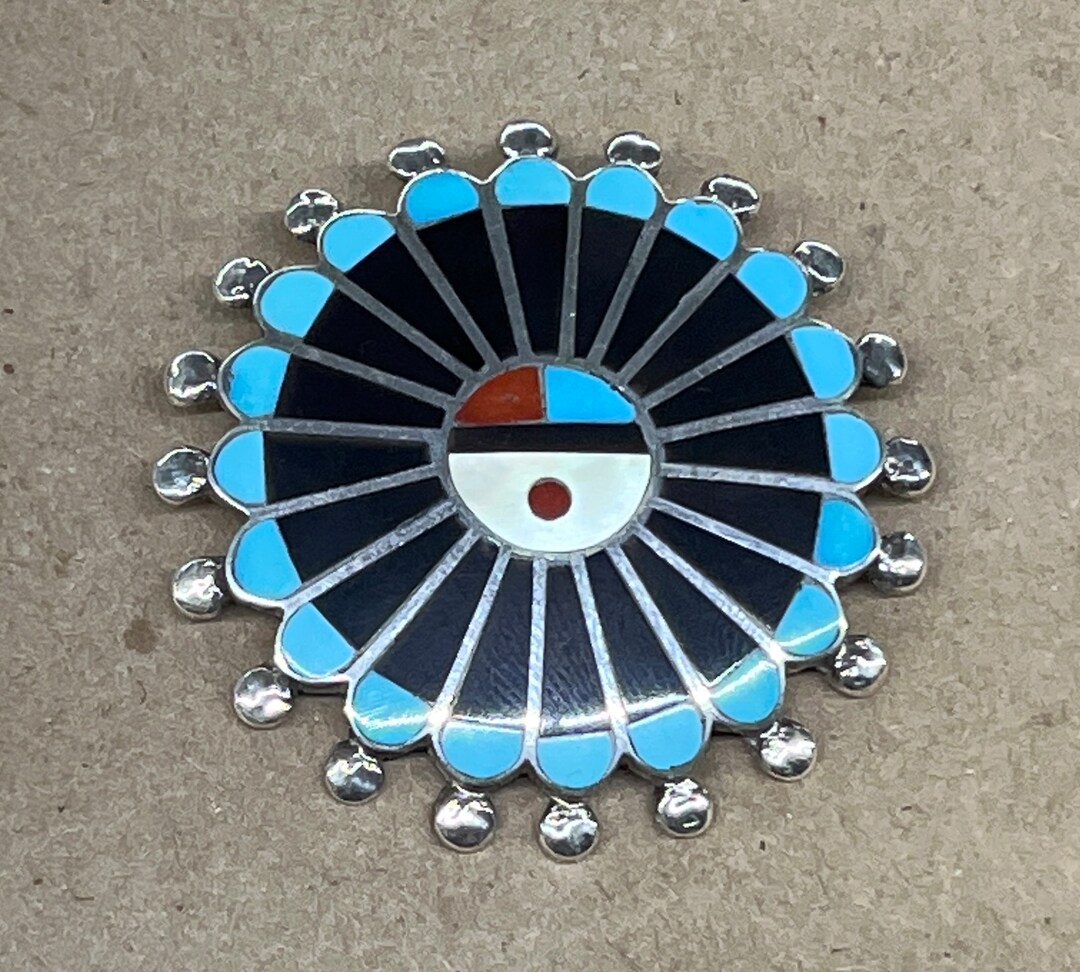 Zuni Native American Inlay Sunface Handmade Sterling Silver Turquoise ...
