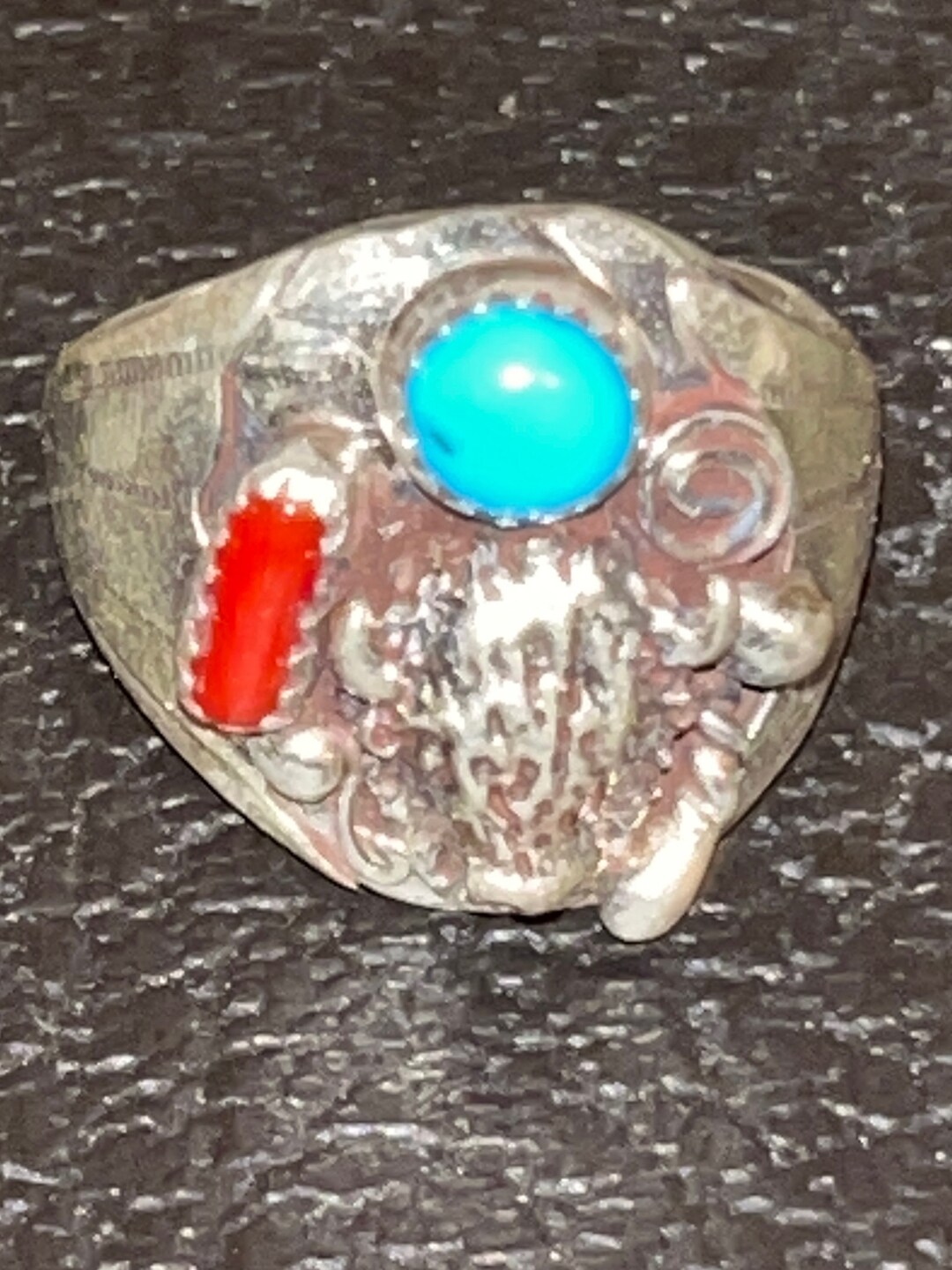 Navajo Handmade Turquoise Coral Sterling Silver Buffalo/bison Head Ring ...