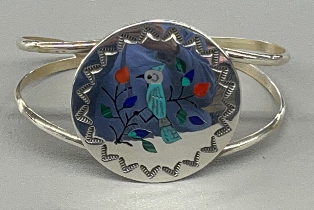Zuni Handmade Sterling Silver Turquoise Bird Blue Jay Bracelet Cluster ...