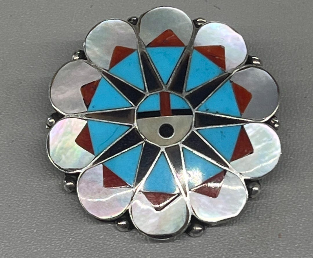 Native American Zuni Handmade Handmade Sterling Silver Inlay Turquoise ...
