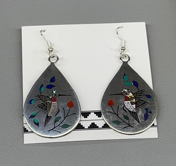 Native American handmade sterling silver inlay hummingbird earrings