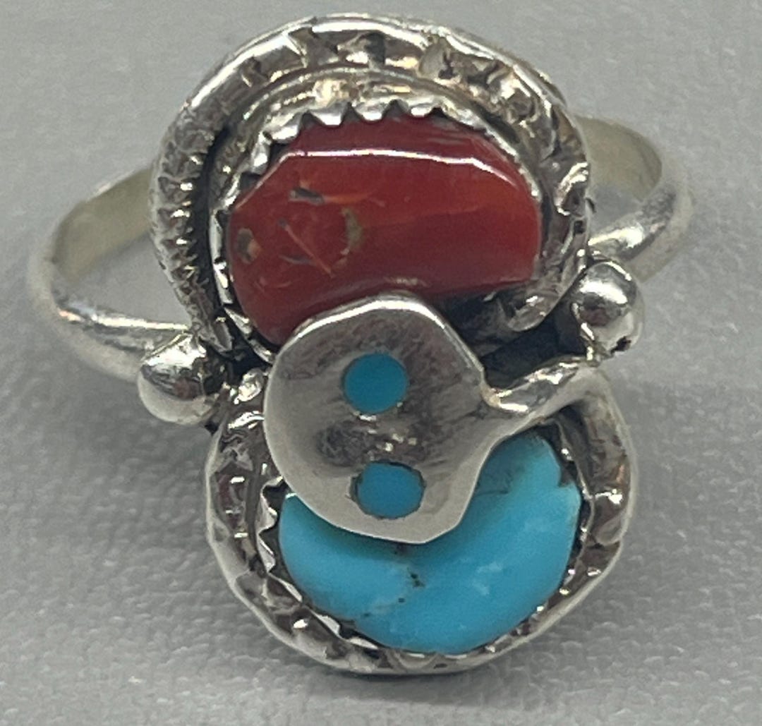 Native American Zuni Handmade Sterling Silver Turquoise and Coral Snake ...