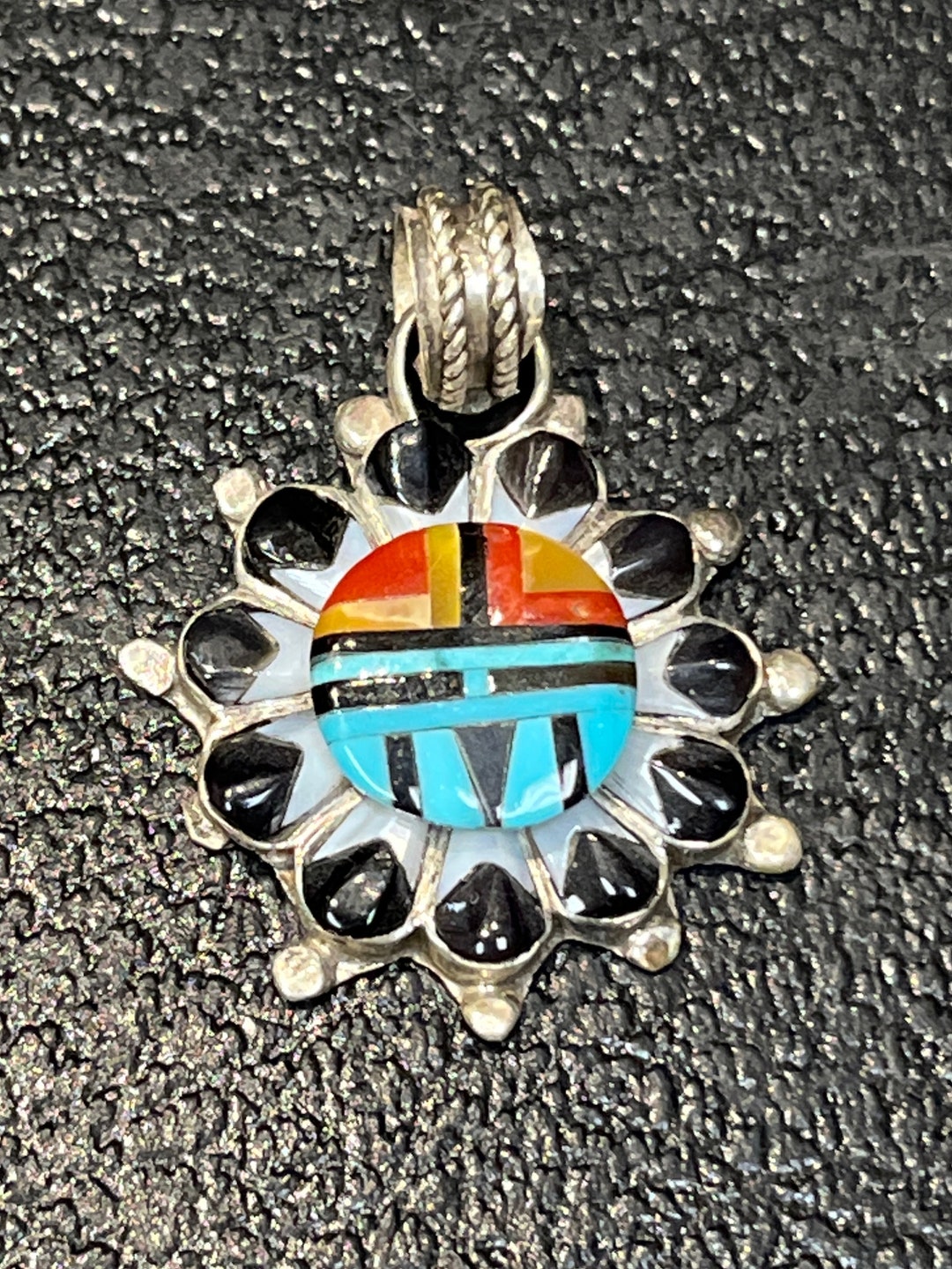 Native American Zuni Handmade Sterling Silver Turquoise Inlay Sun Face ...