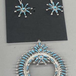 Native American Zuni Handmade Sterling Silver Turquoise Petit Point ...