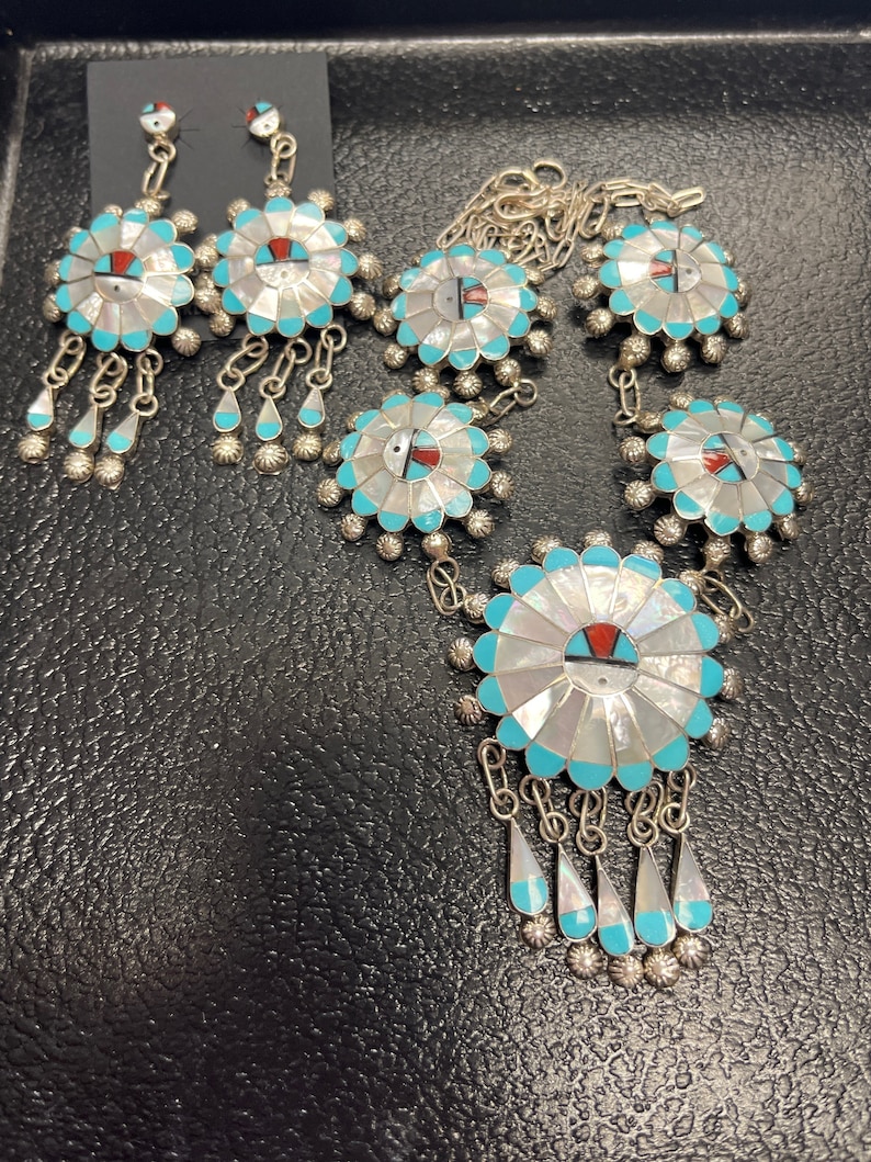 Native American Zuni Handmade Jewelry Turquoise Mother of Pearl Sunface ...