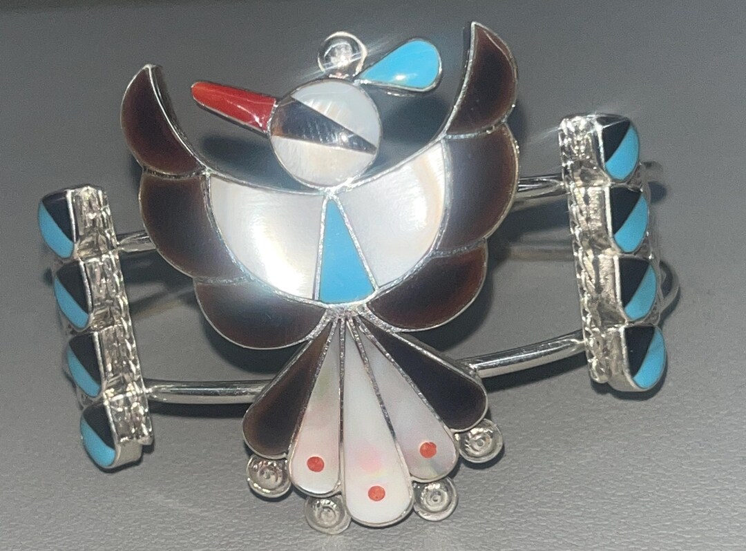 Native American Zuni Handmade Sterling Silver Inlay Thunderbird ...