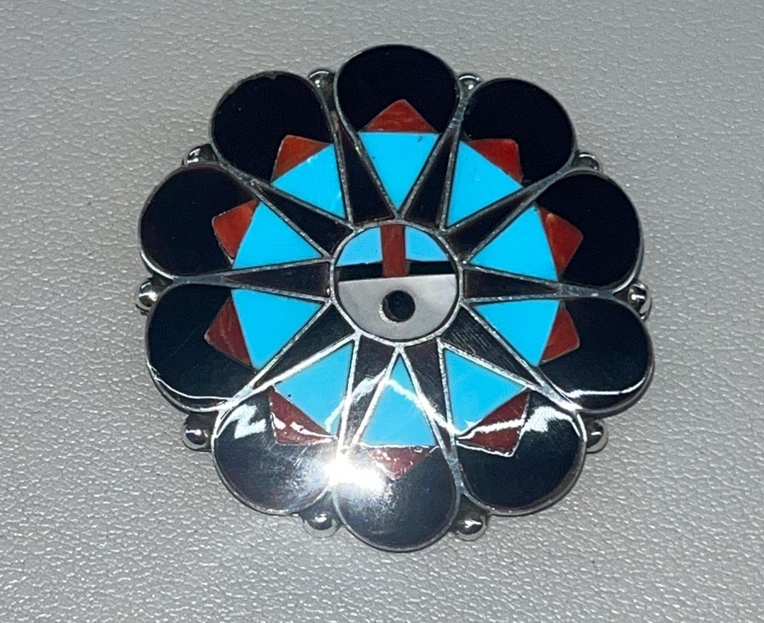 Native American Zuni Handmade Sterling Silver Turquoise Sun Face ...