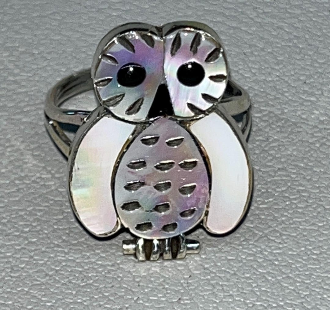 Zuni Handmade Turquoise Owl Inlay Sterling Silver Cluster Ring Size 6. ...