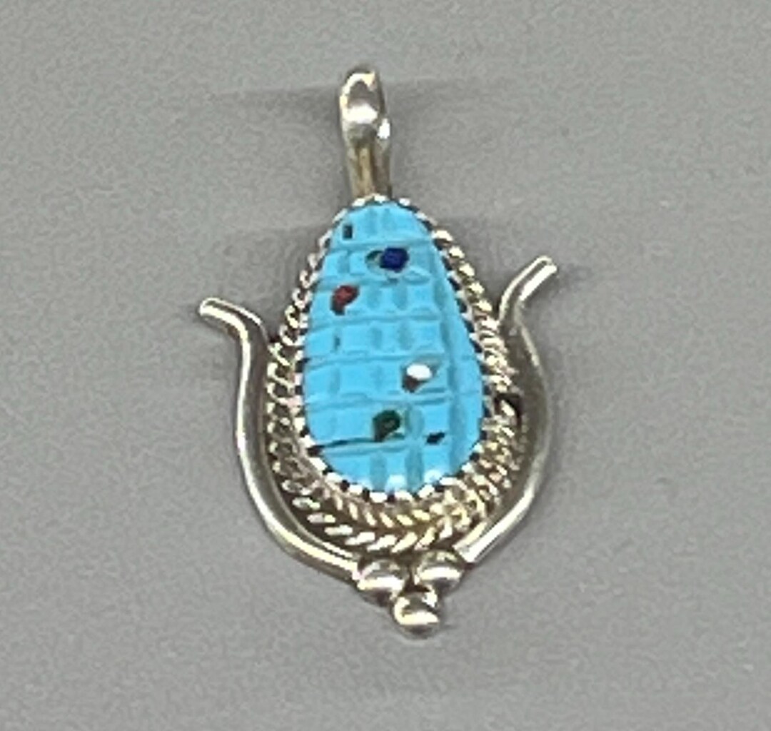 Native American Zuni Handmade Sterling Silver Corn Design Turquoise ...
