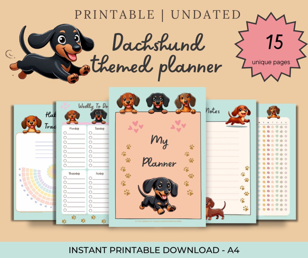 Dachshund Themed Planner Bundle, 15 X A4 Printable Pages, Digital ...