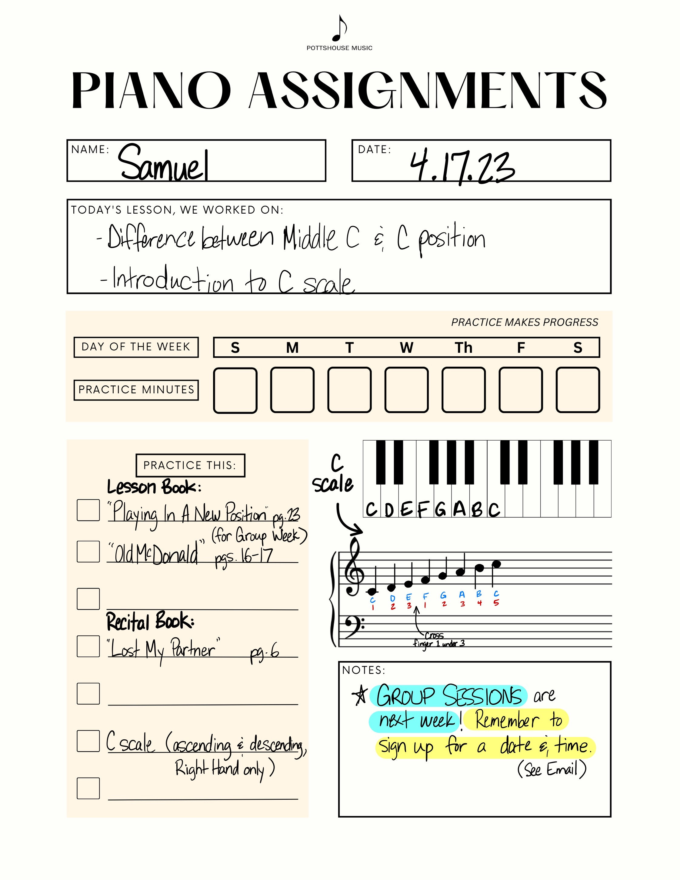 Piano Assignment Sheet - Etsy