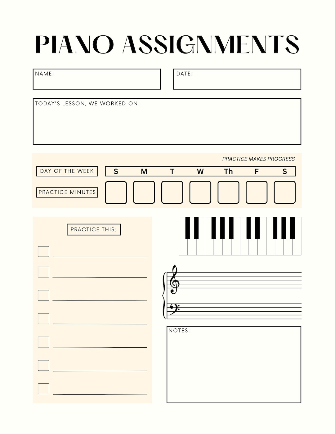 Piano Assignment Sheet - Etsy
