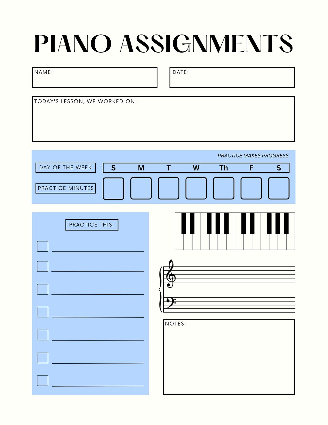 Piano Assignment Sheet blue Theme - Etsy