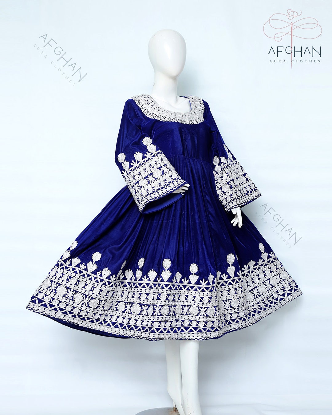 Blue Velvet Afghan Dress With Charama Dori Embroidery Afghan Dress ...