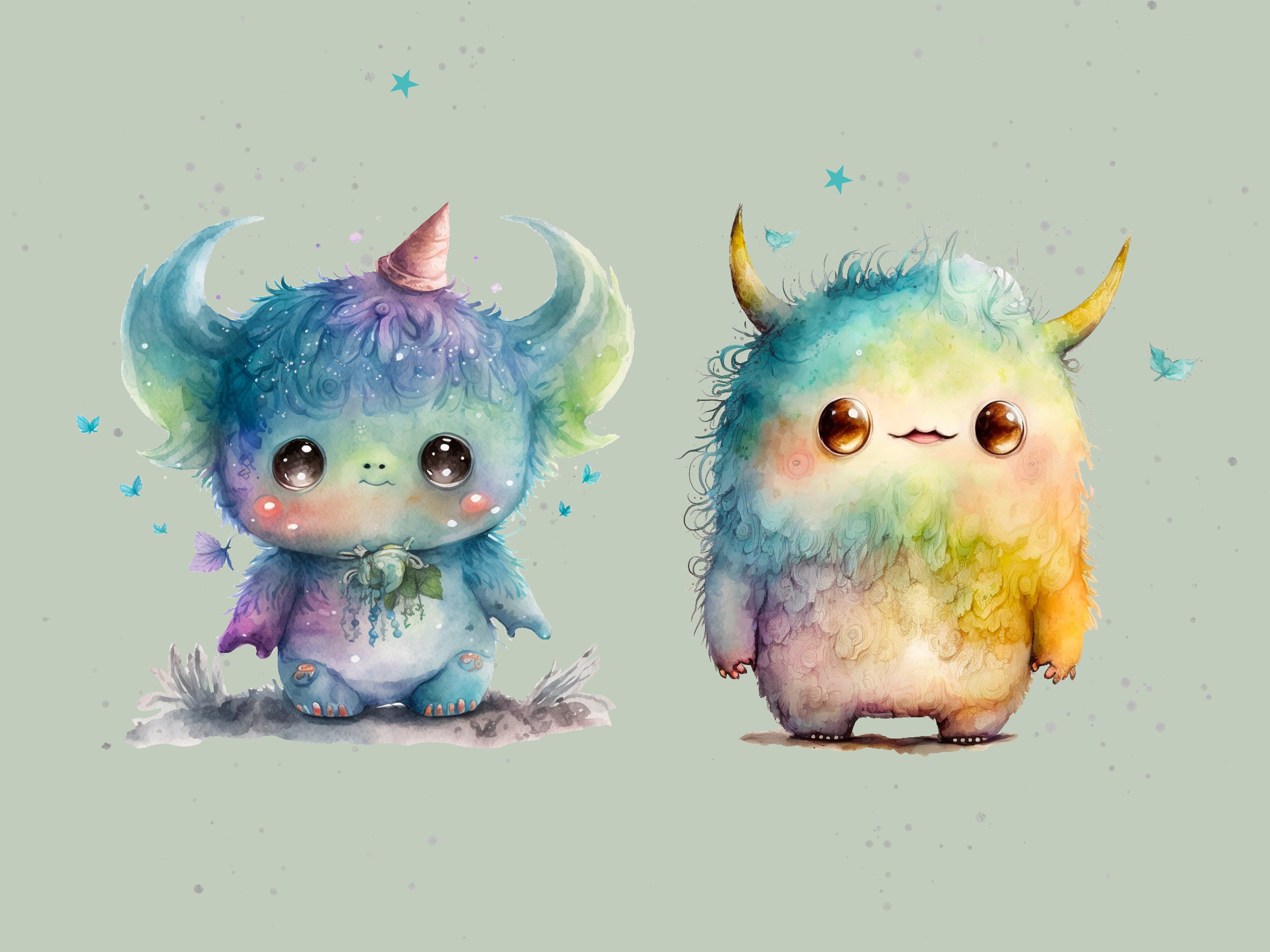 Very Cute Baby Monsters Fantasy Illustration Aquarell - Etsy