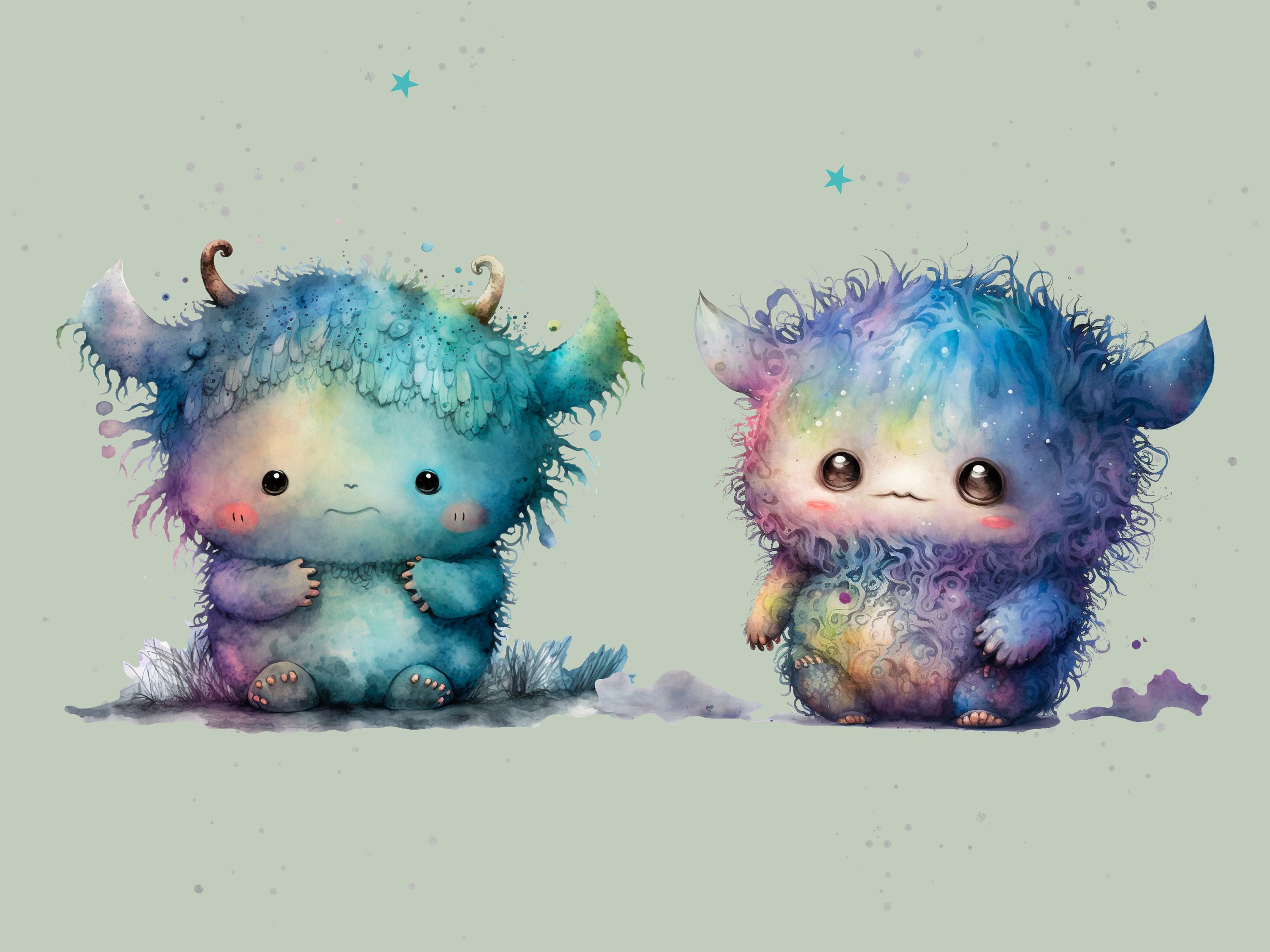 Very Cute Baby Monsters Fantasy Illustration Aquarell - Etsy