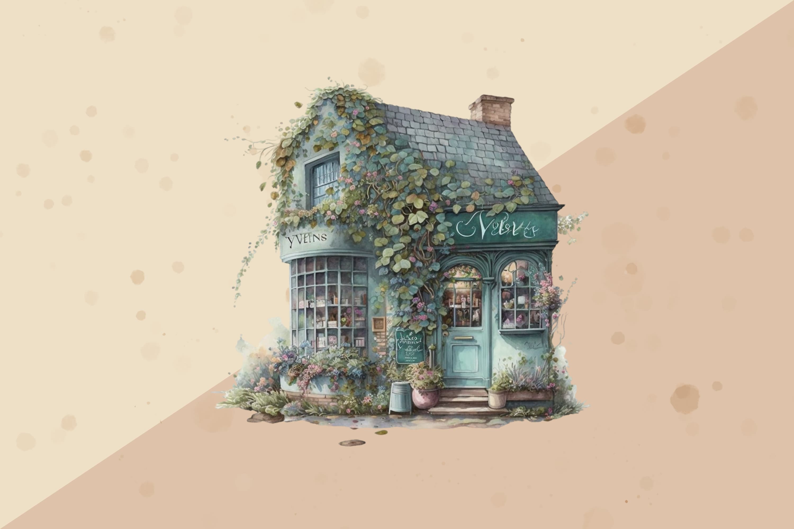 Cute Fantasy Store Front, Bookstore, Vintage, Aquarell, Watercolor ...