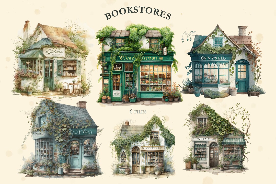 Cute Fantasy Store Front, Bookstore, Vintage, Aquarell, Watercolor ...