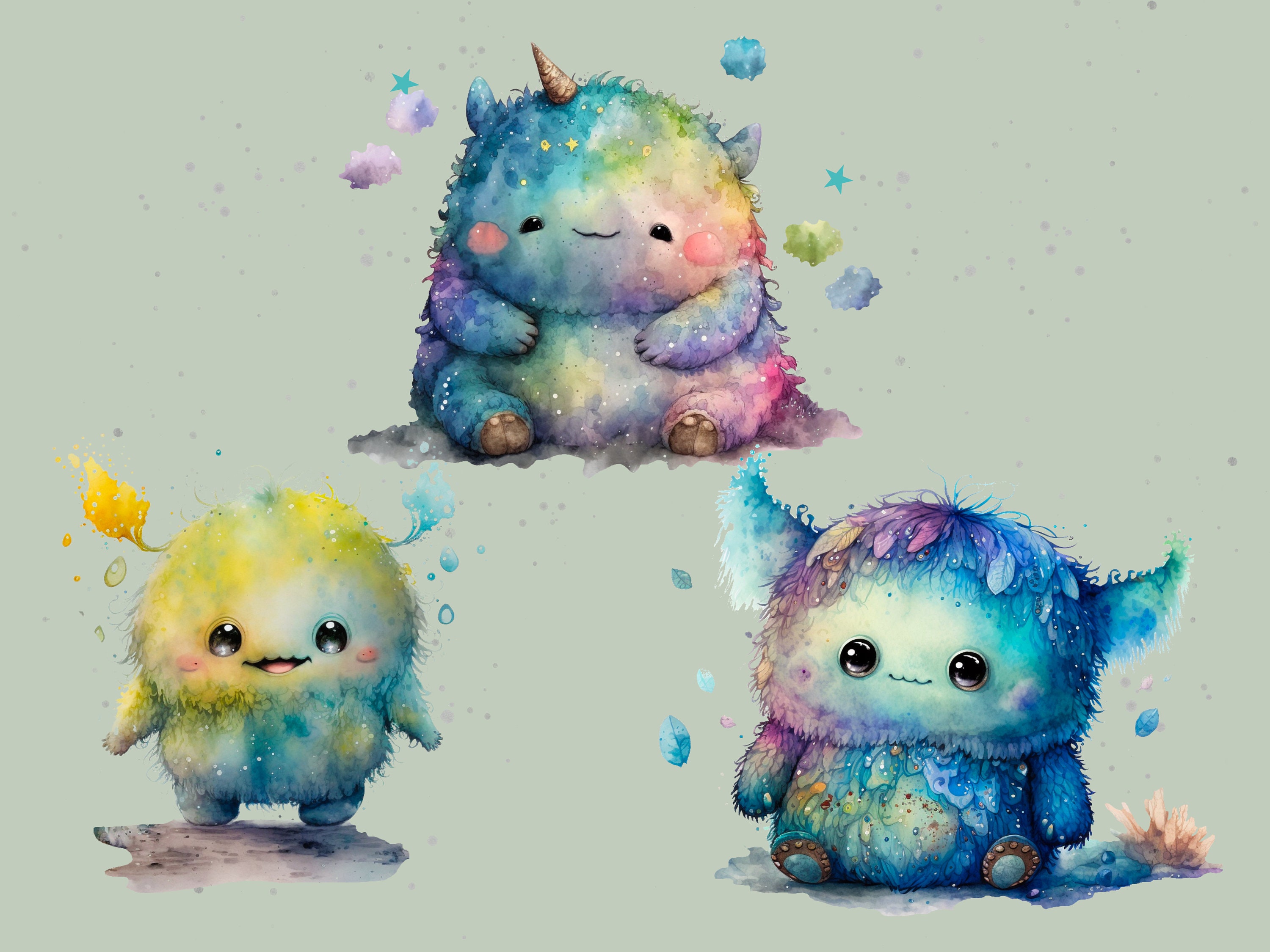 Very Cute Baby Monsters Fantasy Illustration Aquarell - Etsy
