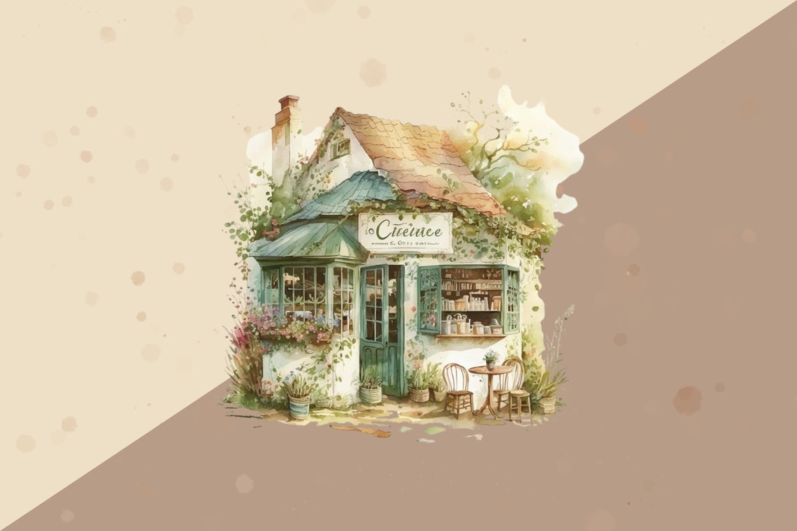 Cute Fantasy Store Front, Bookstore, Vintage, Aquarell, Watercolor ...