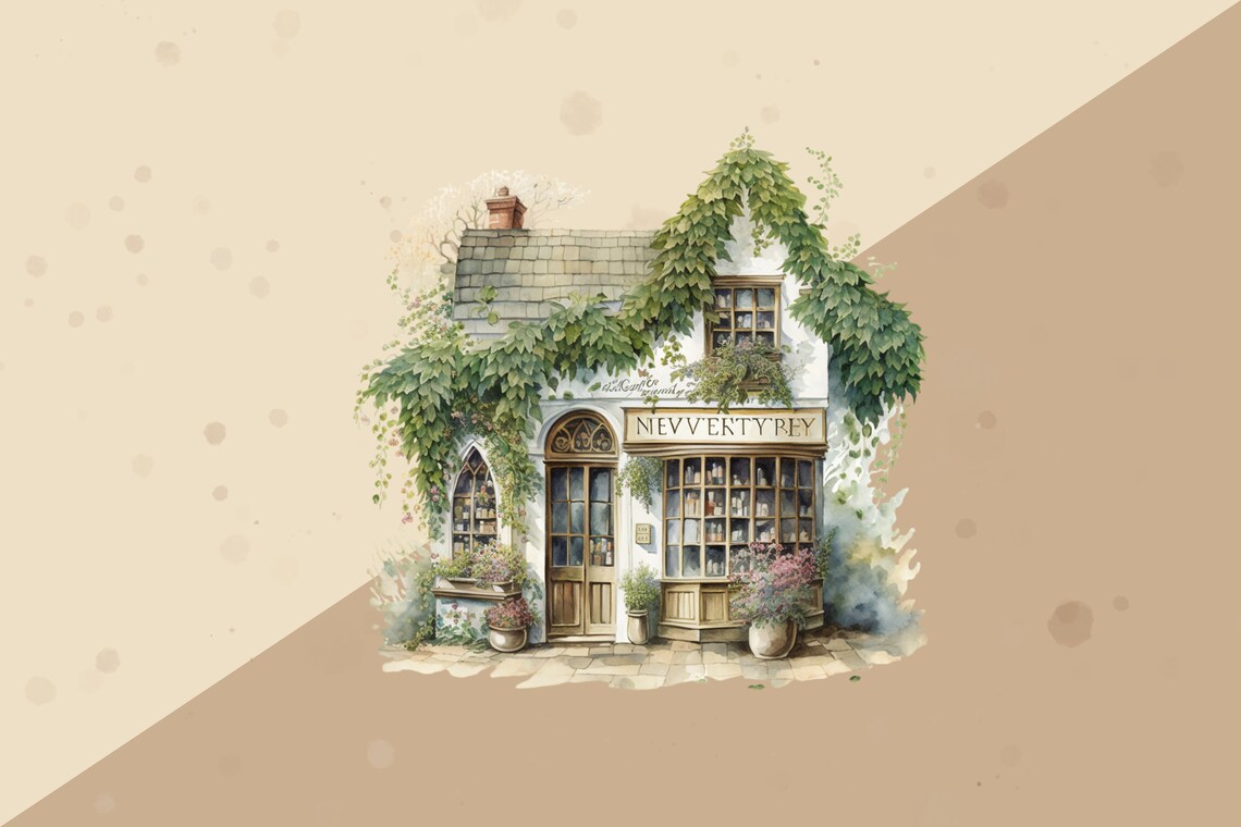 Cute Fantasy Store Front, Bookstore, Vintage, Aquarell, Watercolor ...