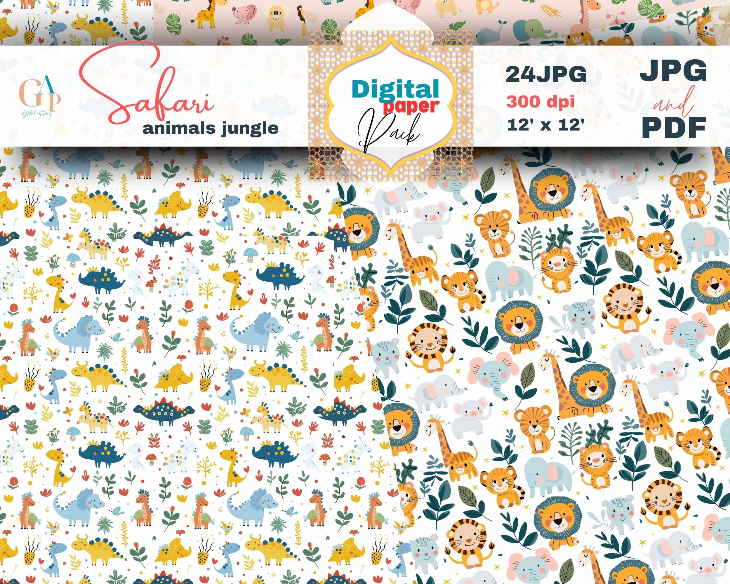 Safari Animals Digital Papers Packof 24 Design,jpg,pdf,300dpi,jungle ...