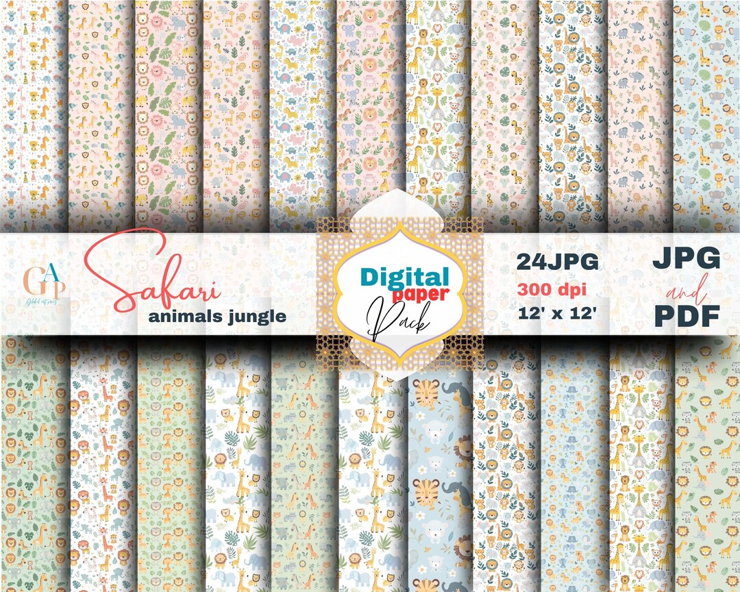 Safari Animals Digital Papers Packof 24 Design,jpg,pdf,300dpi,jungle ...