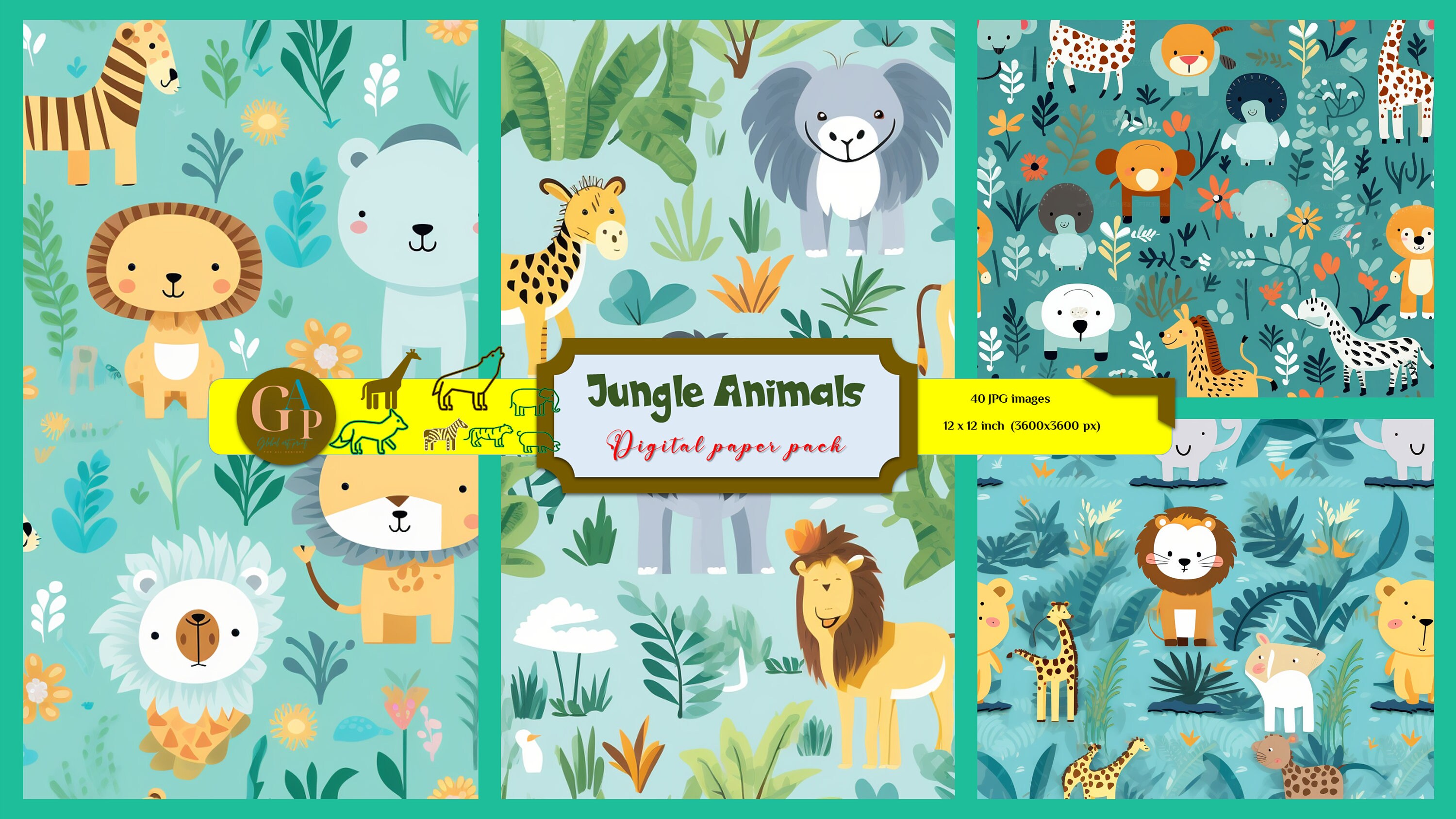 SAFARI ANIMALS DIGITAL Paper Pack:40jpg,12"x12",300dpi,jungle Animals ...