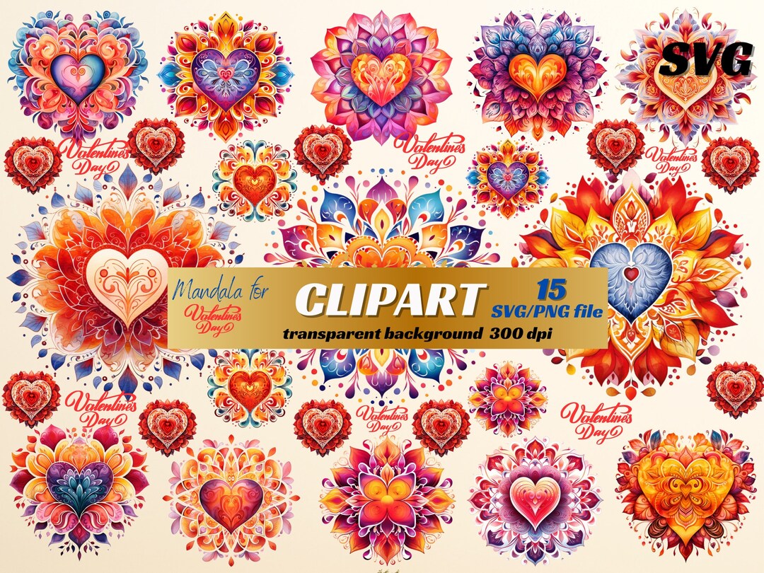 Mandala Clipart Collection for Valentine's Day: Vibrant Floral Hearts ...