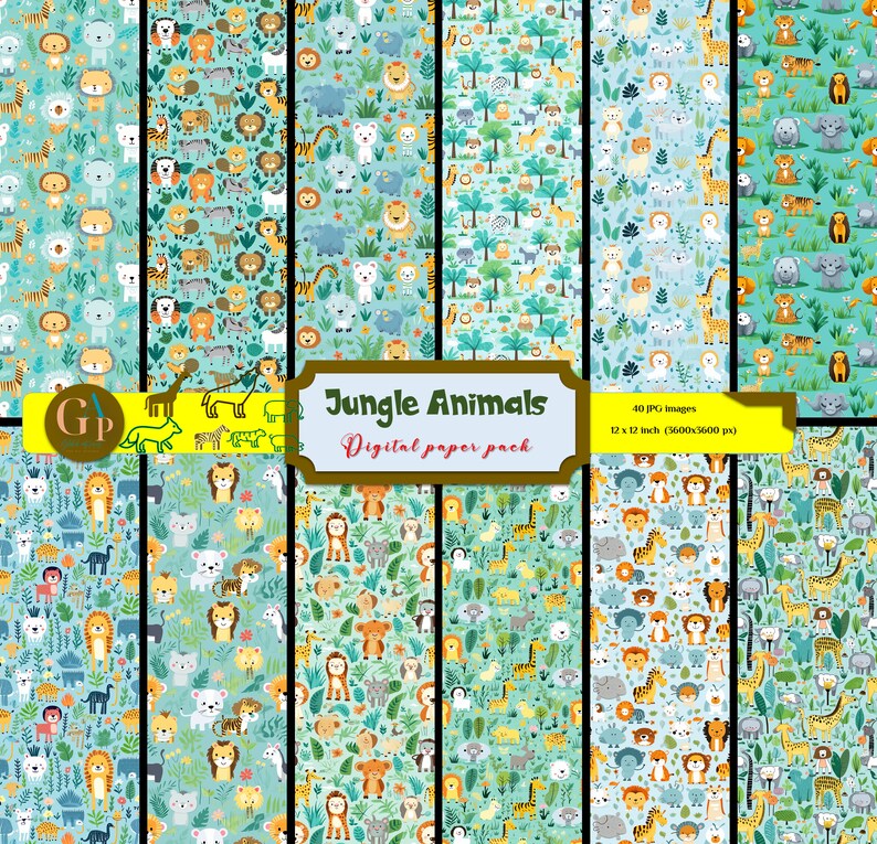 SAFARI ANIMALS DIGITAL Paper Pack:40jpg,12"x12",300dpi,jungle Animals ...
