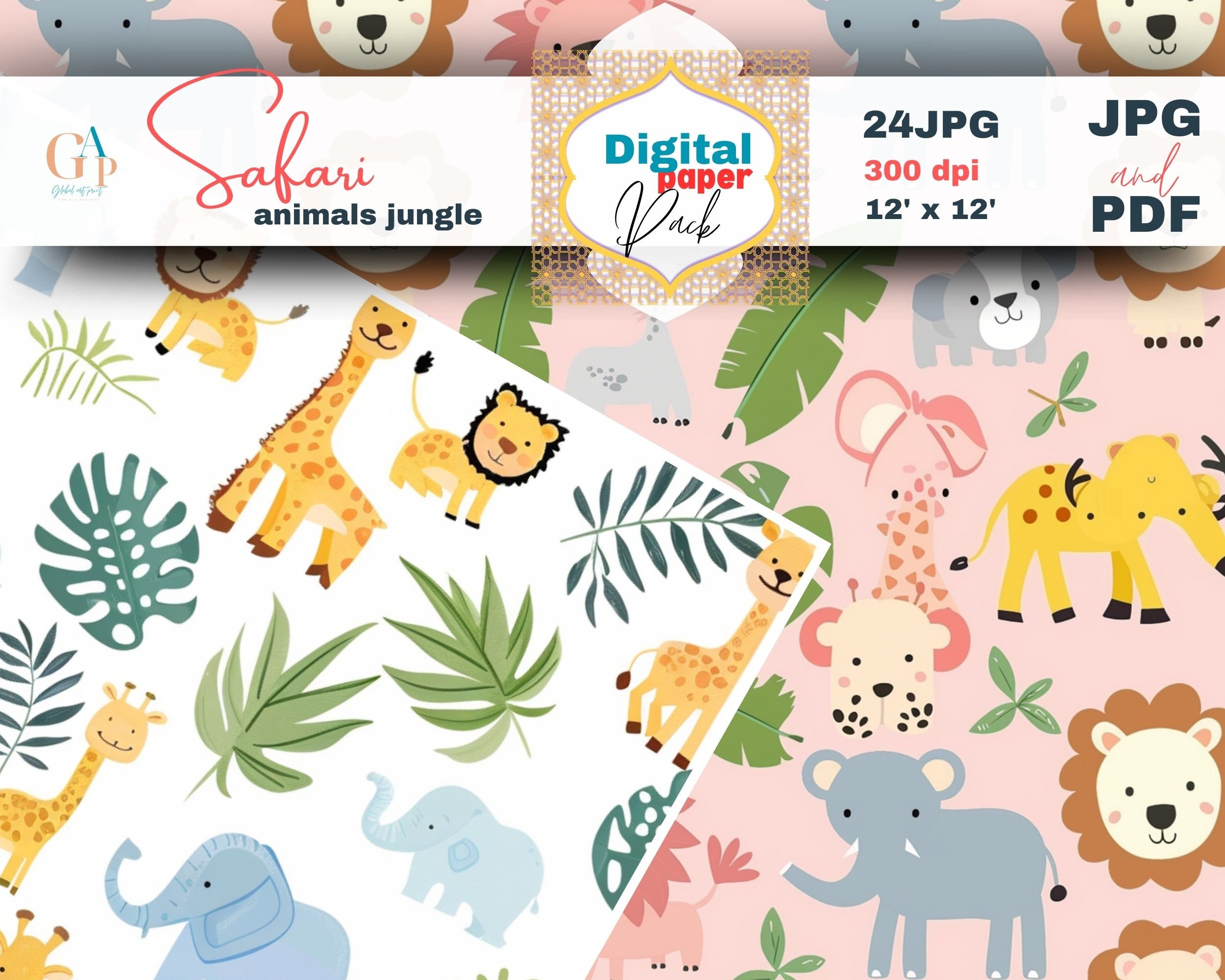 Safari Animals Digital Papers Packof 24 Design,jpg,pdf,300dpi,jungle ...