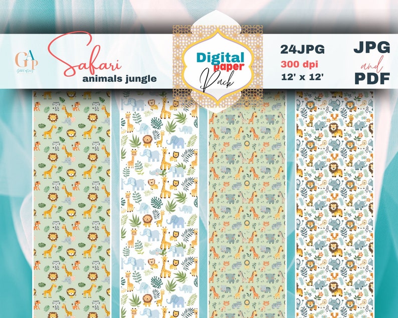Safari Animals Digital Papers Packof 24 Design,jpg,pdf,300dpi,jungle ...