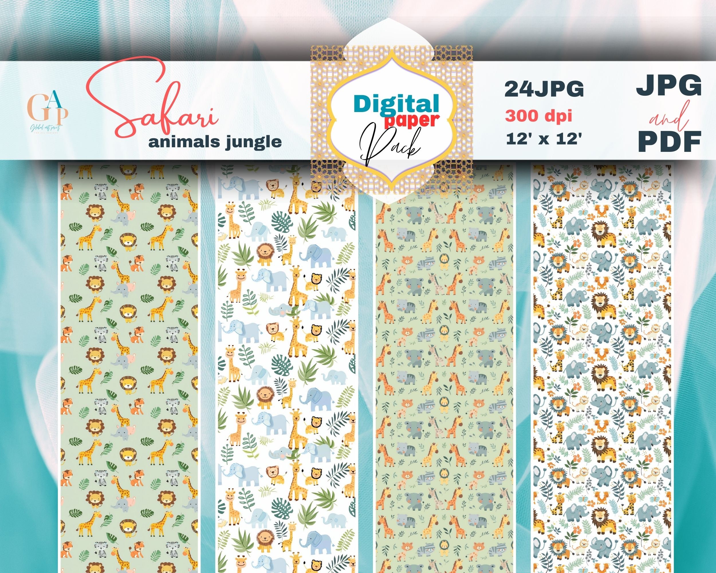 Safari Animals Digital Papers Packof 24 Design,jpg,pdf,300dpi,jungle ...