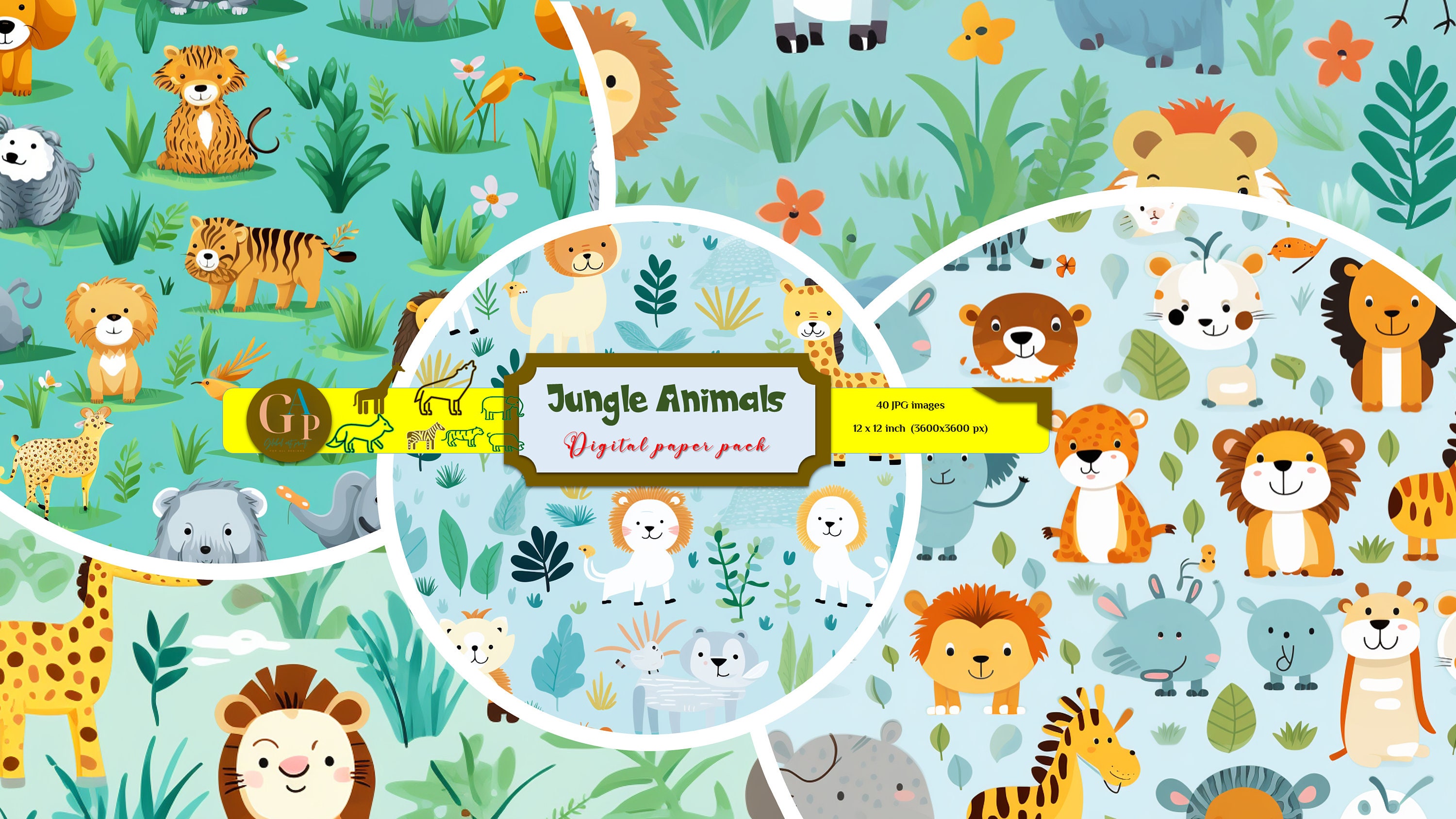 SAFARI ANIMALS DIGITAL Paper Pack:40jpg,12"x12",300dpi,jungle Animals ...