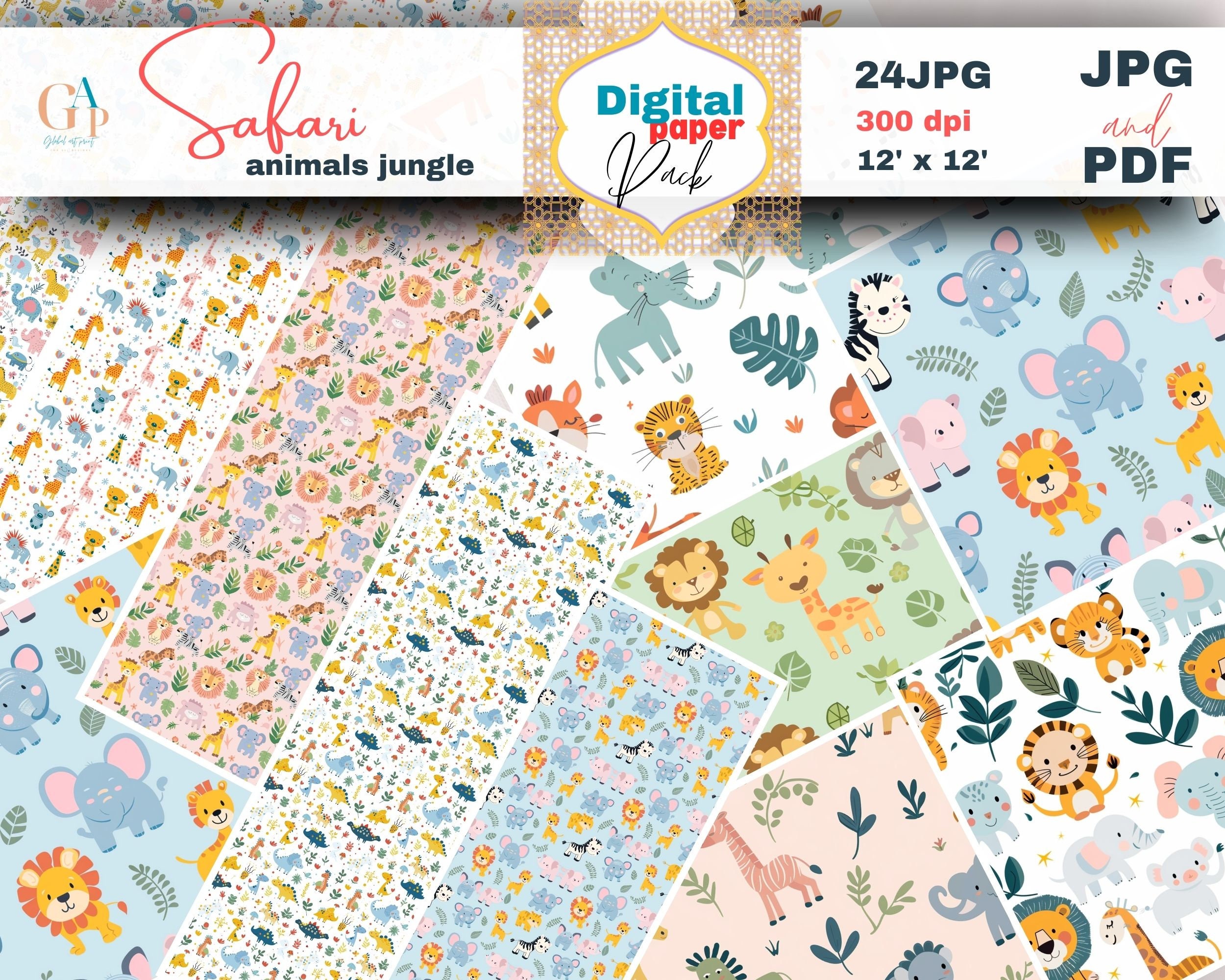 Safari Animals Digital Papers Packof 24 Design,jpg,pdf,300dpi,jungle ...