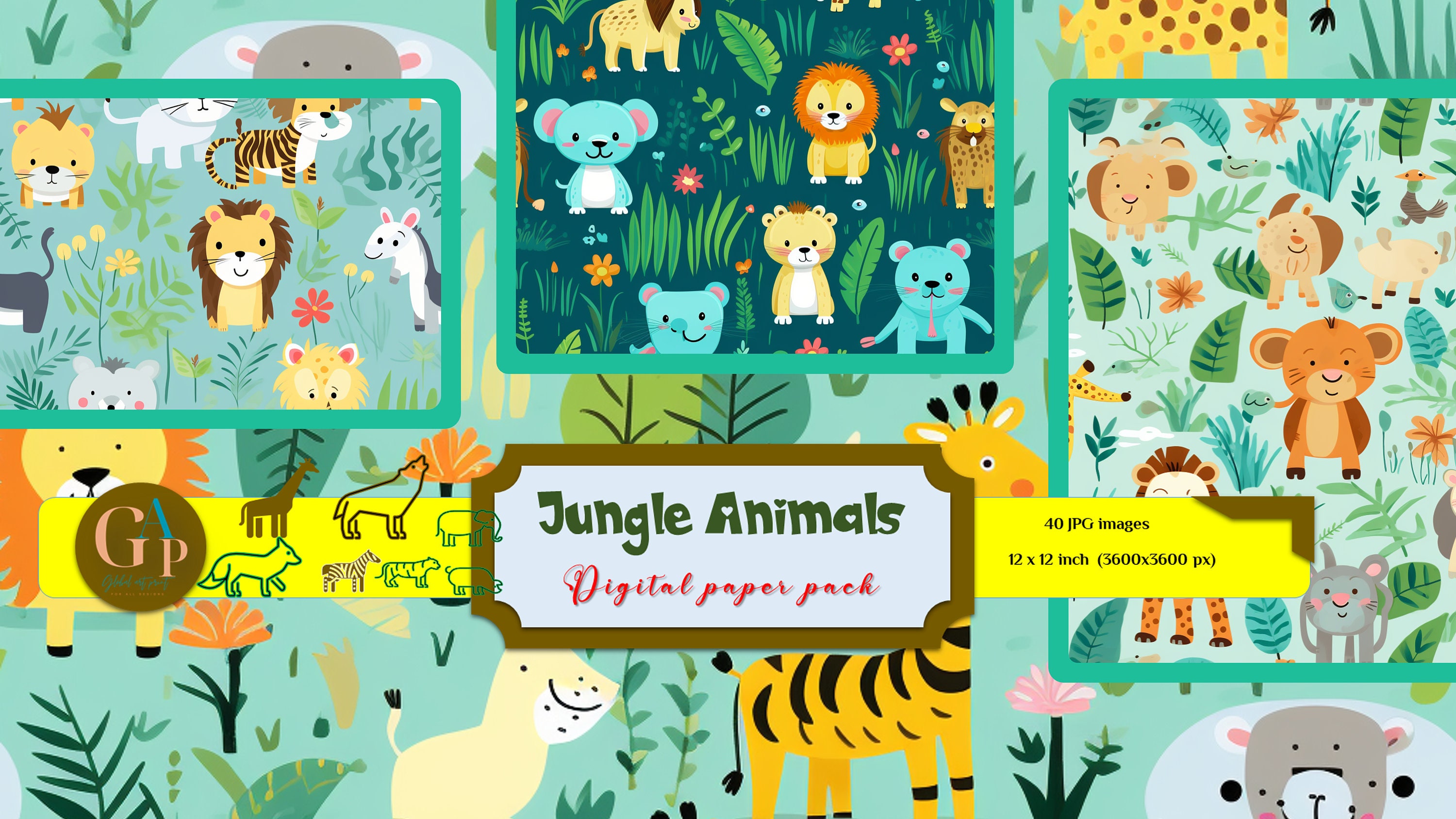 SAFARI ANIMALS DIGITAL Paper Pack:40jpg,12"x12",300dpi,jungle Animals ...