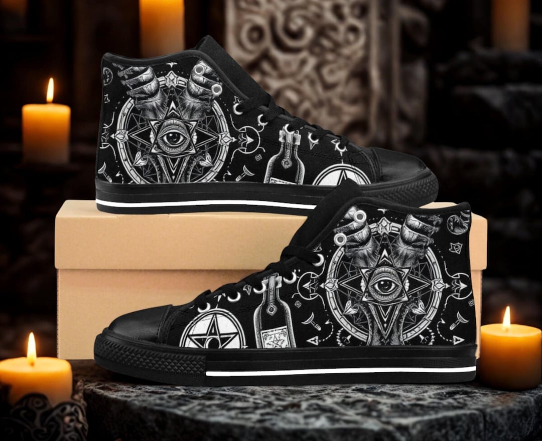 Skater Punk Men's Sneakers, Baphomet Pentacles Graphic Design, Black ...