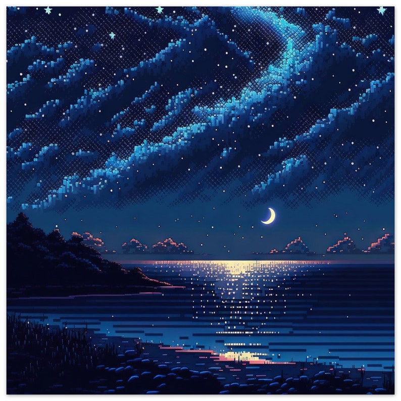 The Starry Night Pixel Art Poster Print, Digital Art Print, Home Decor ...