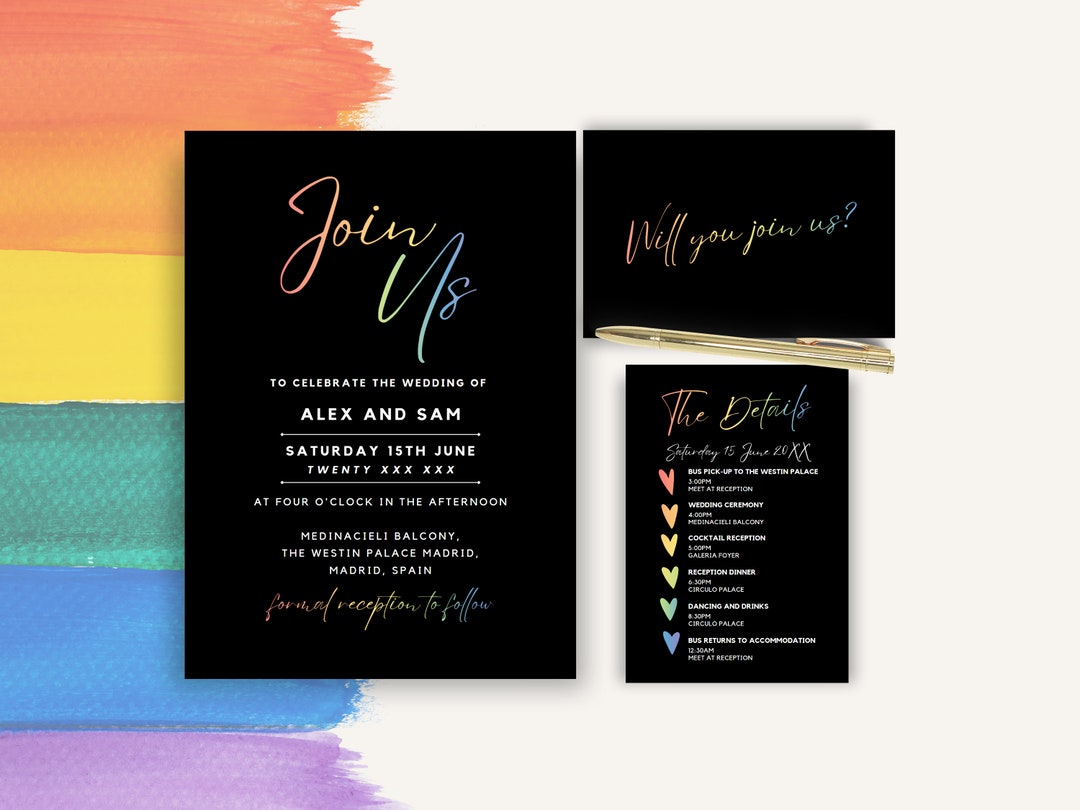LGBTQ Wedding Invitation Bundle Template, Rainbow Wedding Invite, Gay ...