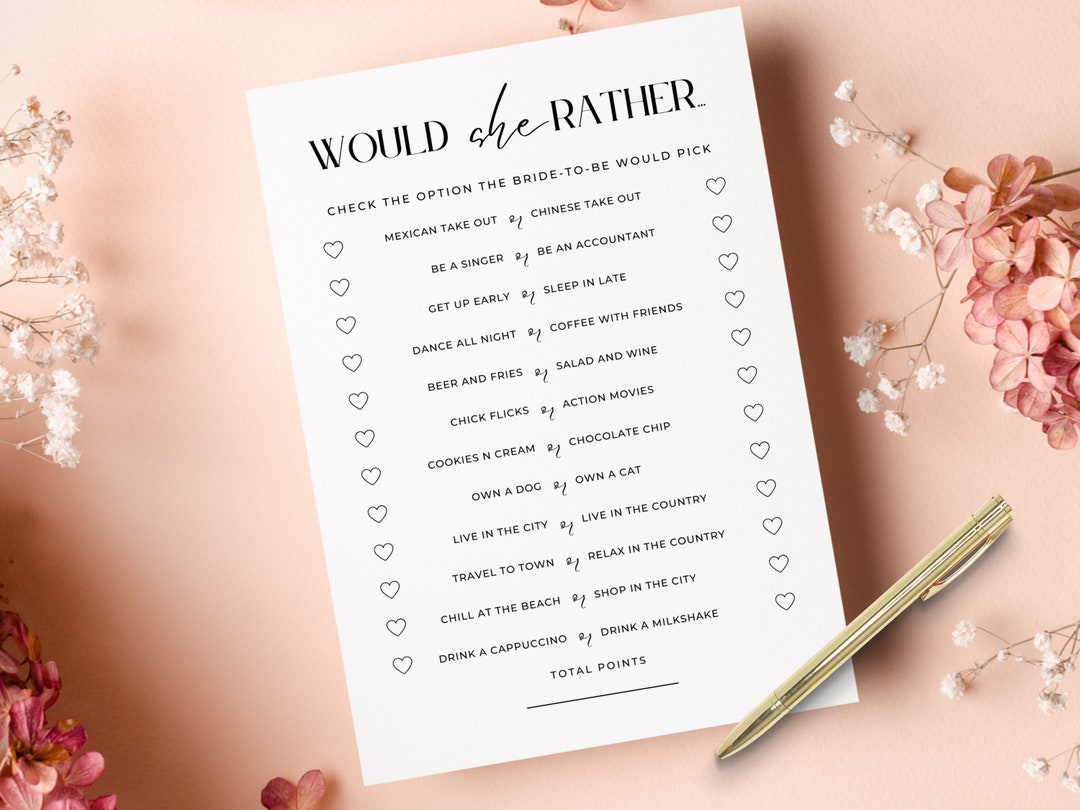 Would She Rather Wedding Game Printable, Bride to Be Bridal Shower Game ...