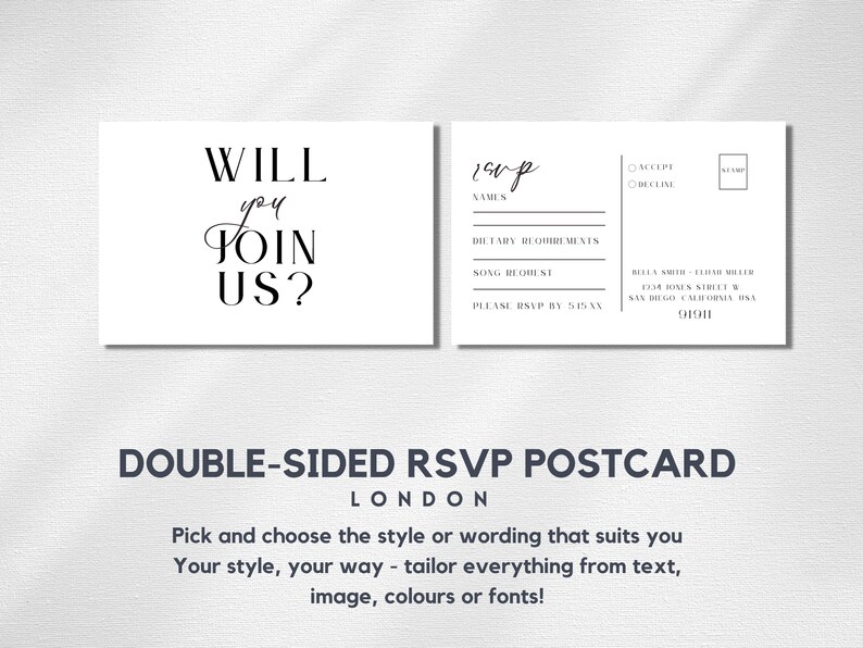 Invitation RSVP Card Template, Wedding Reply Card, Simple RSVP Postcards, DIY Invite Insert ...