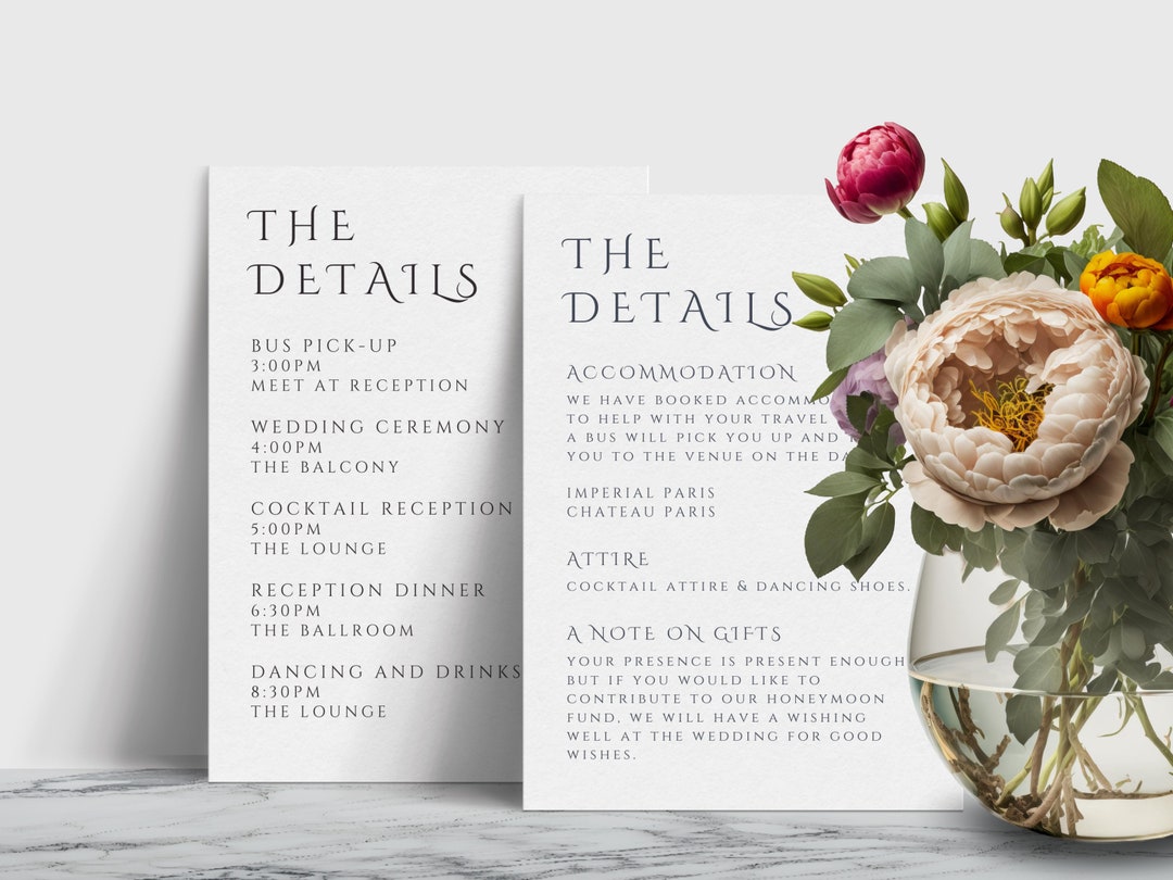 Wedding Detail Card Template, Itinerary Timeline, Printable Invitation ...