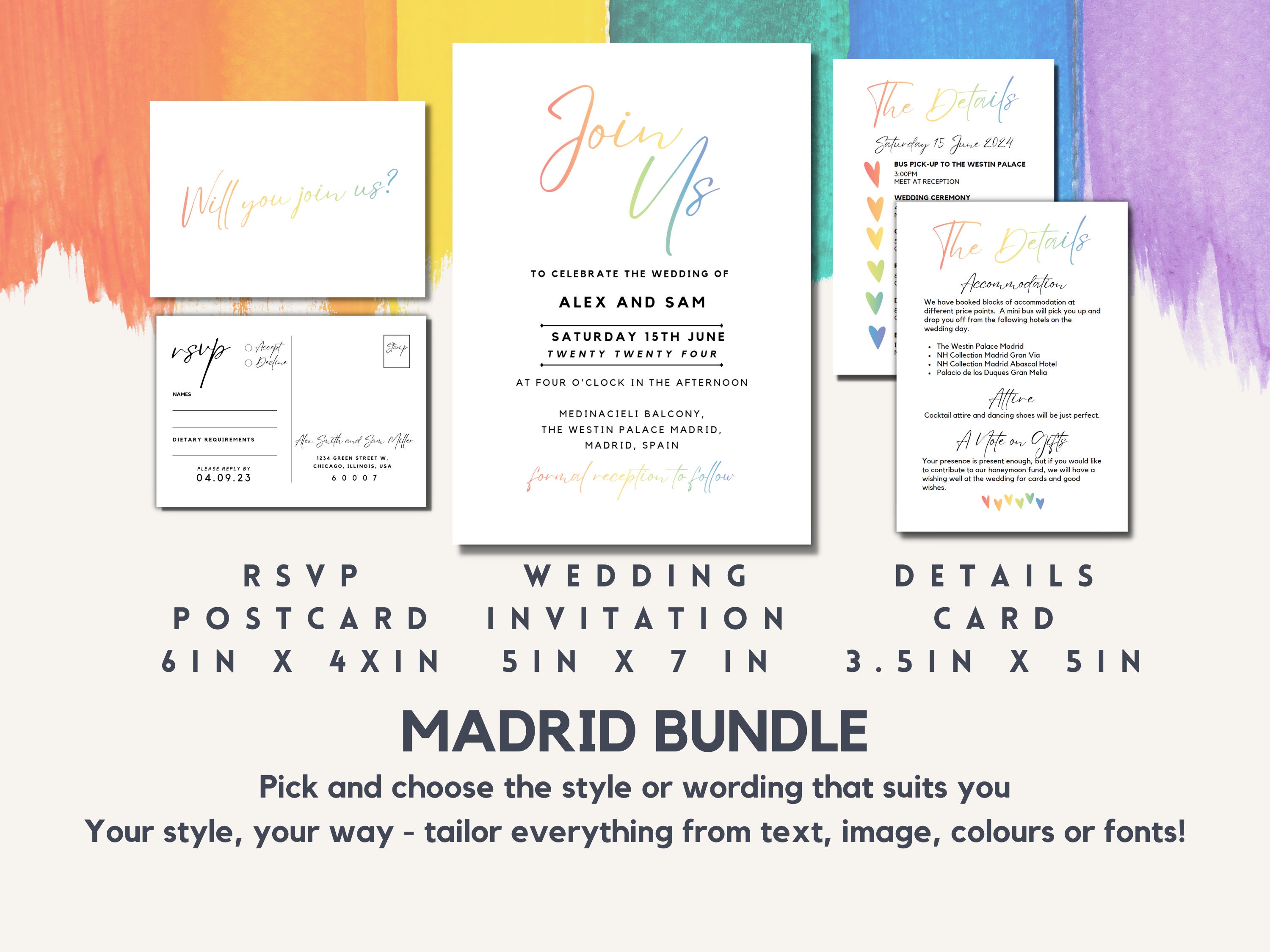Rainbow Wedding Invitation Suite Canva Template, DIY Wedding Invite Kit ...